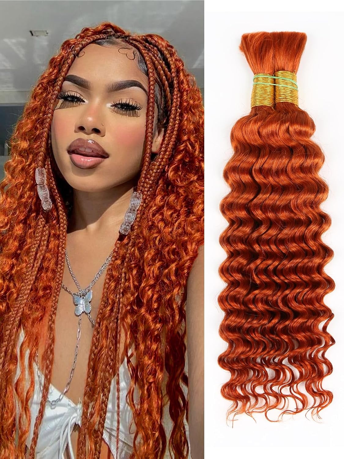 Human Braiding Hair Deep Wave Bulk, Ginger Orange Color No Weft Curly ...