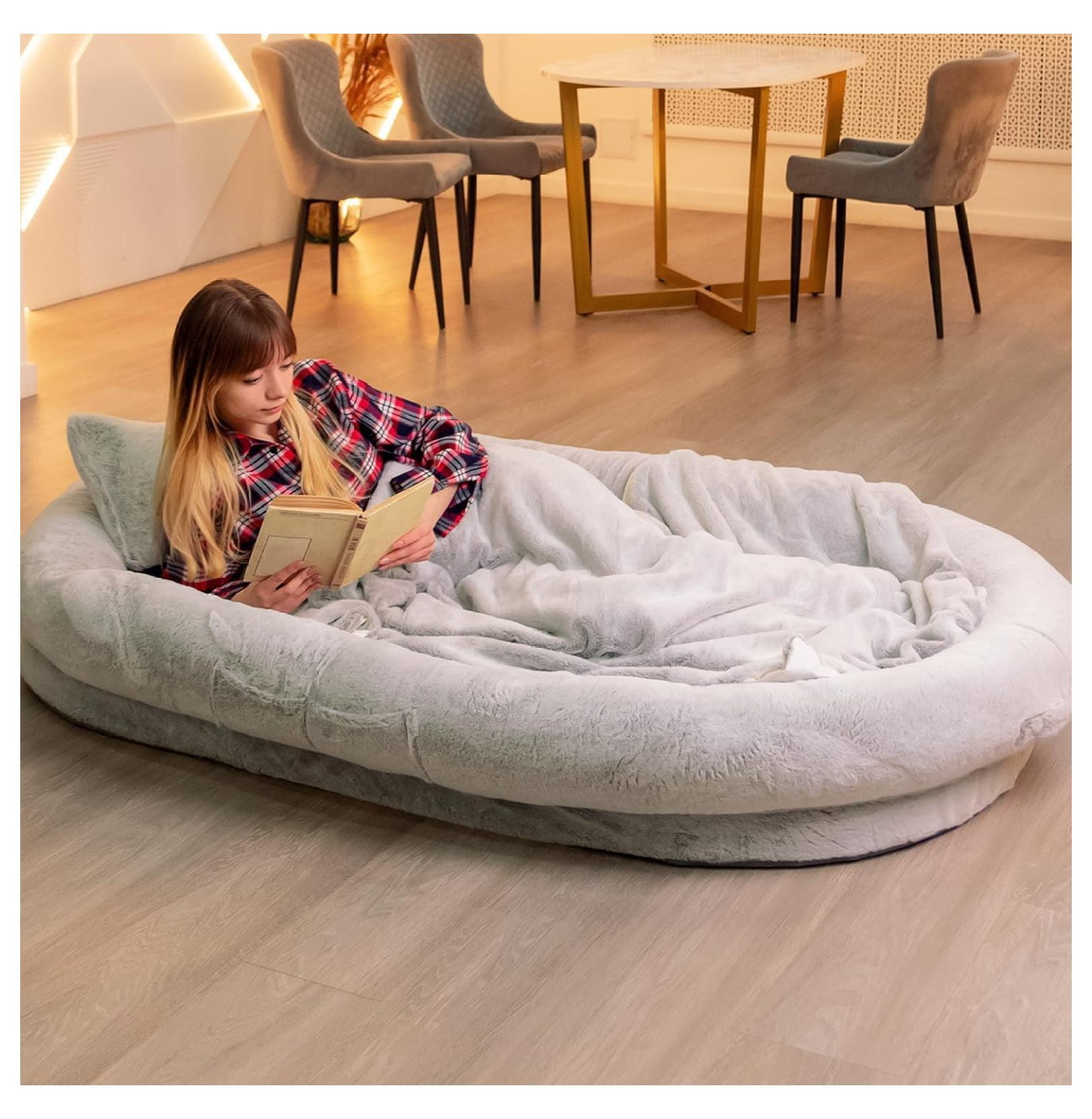 Human Dog Bed for Cozy Naps 72"x48"x11" - Washable Faux Fur Cover, Blanket and Pillow ...