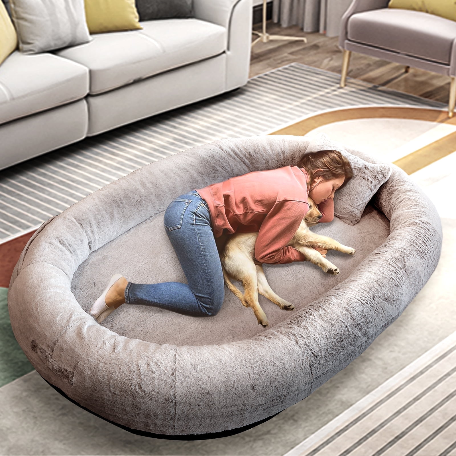 Human Dog Bed for Pets and Adults, 71"x45"x14", Washable Faux Fur Cover ...