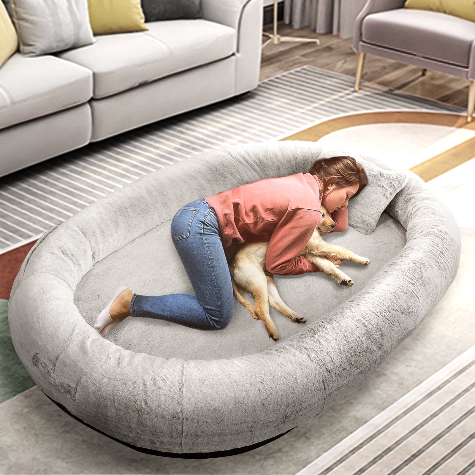 Human Dog Bed for Pets and Adults, 71"x45"x14", Washable Faux Fur Cover ...