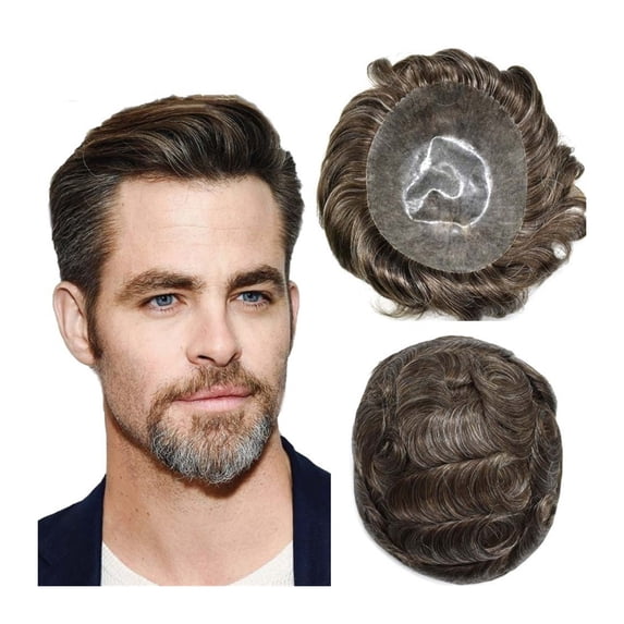 Human Hair 6inch Mixed Grey Hair Replacement System 0.1-0.12mm All PU ...