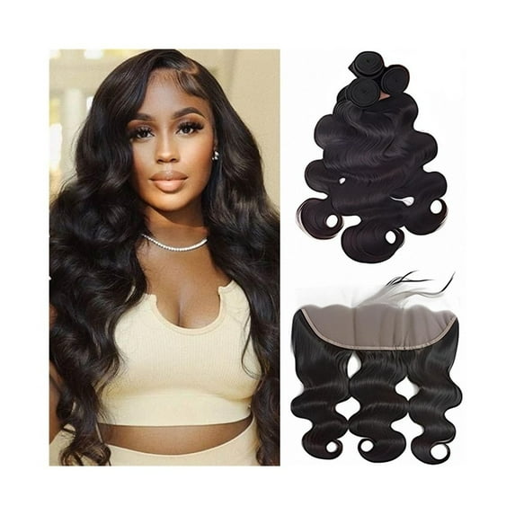 Human Hair Body Wave 3 Bundles with Frontal Natural Color Brazilian ...