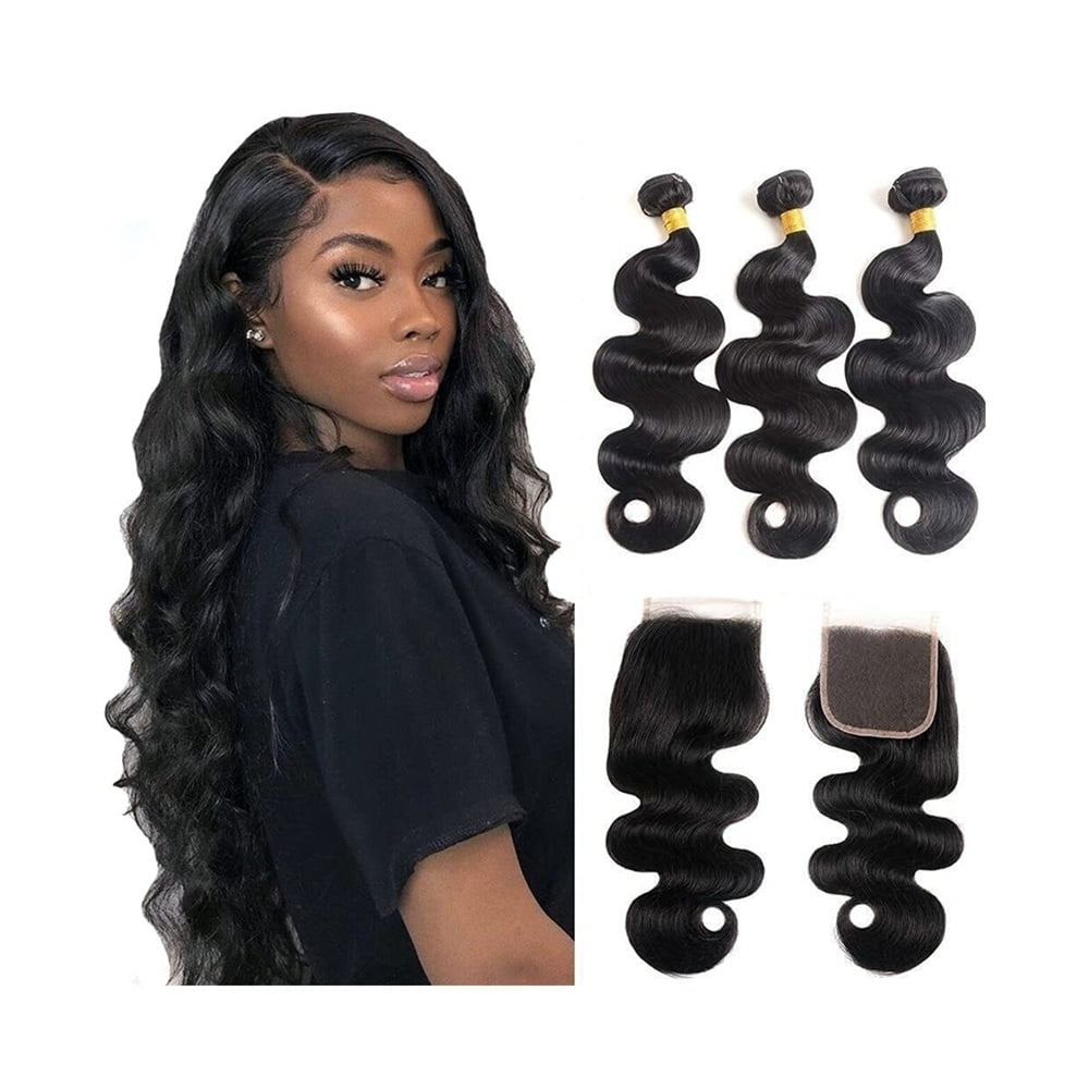 Human Hair Bundles with Closure Body Wave Brazilian Remy Hair Weave 3 ...