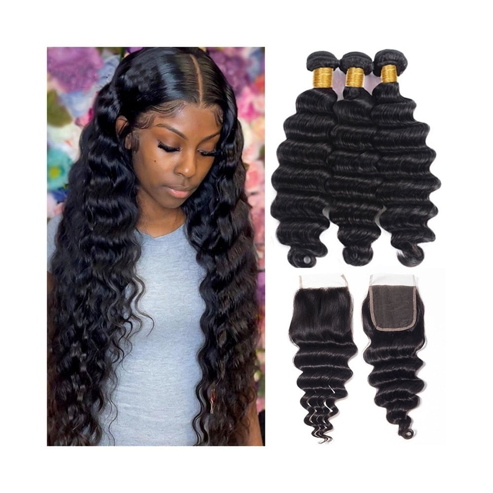 Human Hair Bundles with Closure Loose Deep Wave Hair Bundles Free Part ...
