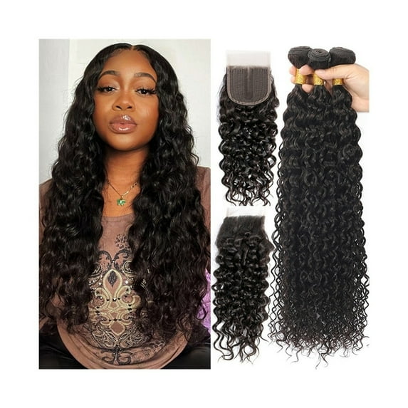 Human Hair Bundles with Closure Peruvian Remy Hair Water Wave Bundles ...