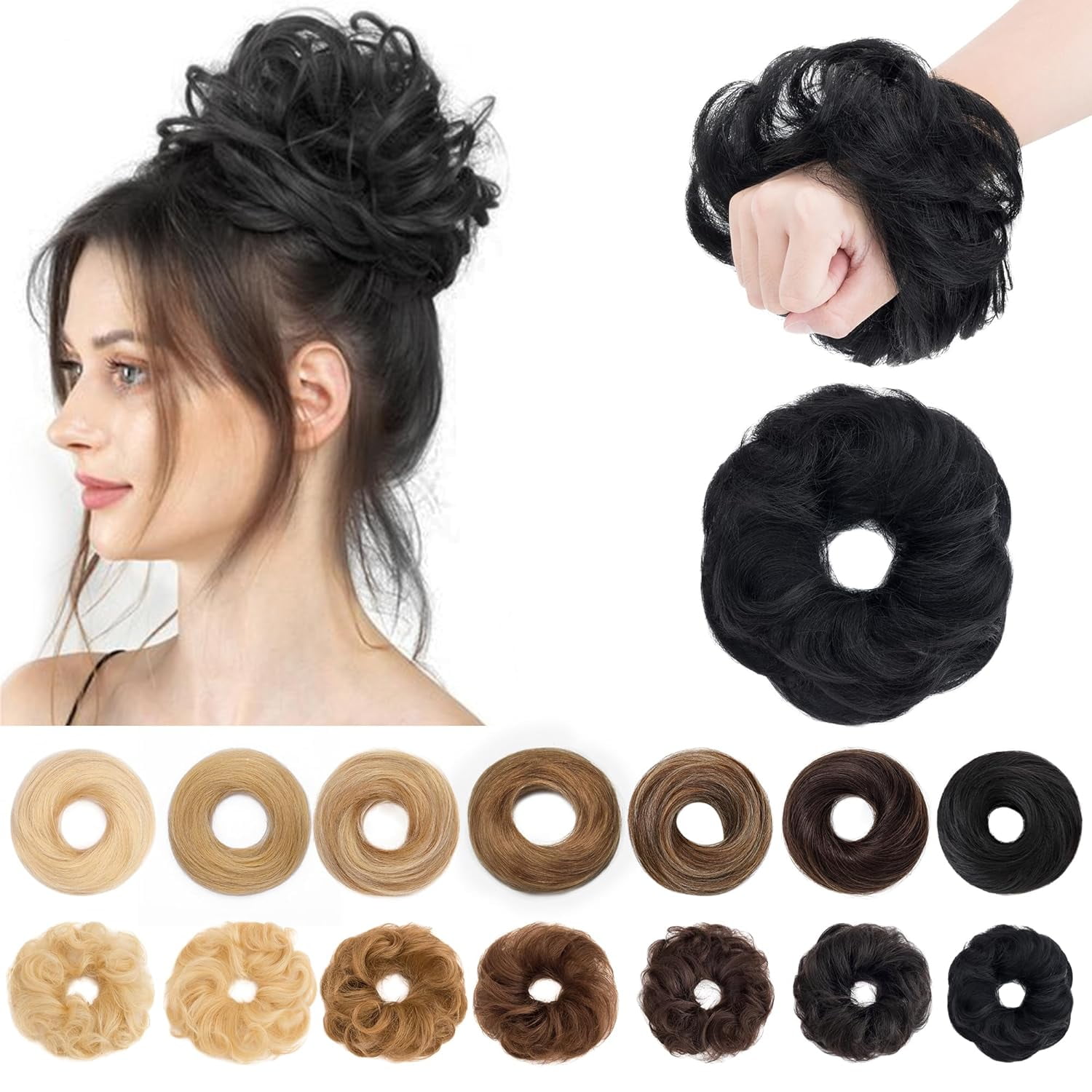Human Hair Messy Bun Hairpieces Real Scrunchies Wavy Curly Tousled Updo ...