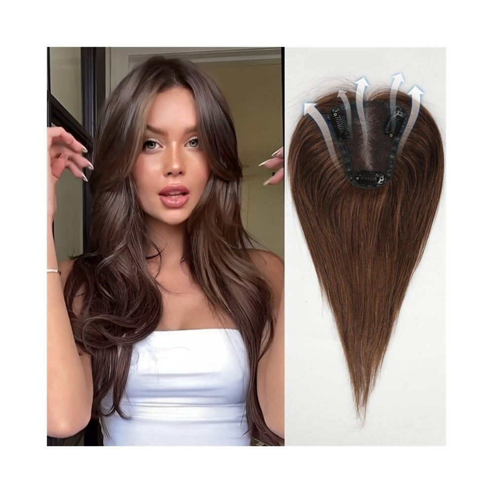 Human Hair Toppers, 3.5"×4" Hand-Tied Lace Base Hair Toppers 12" Brown ...