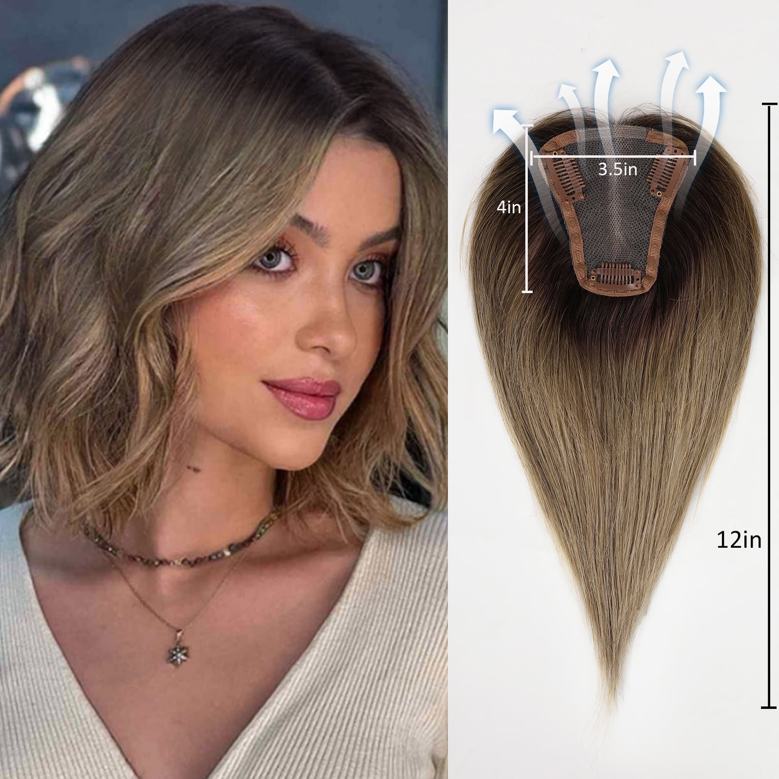 Human Hair Toppers Clips in Hair Brown Blonde Ombre Lace Base Human ...