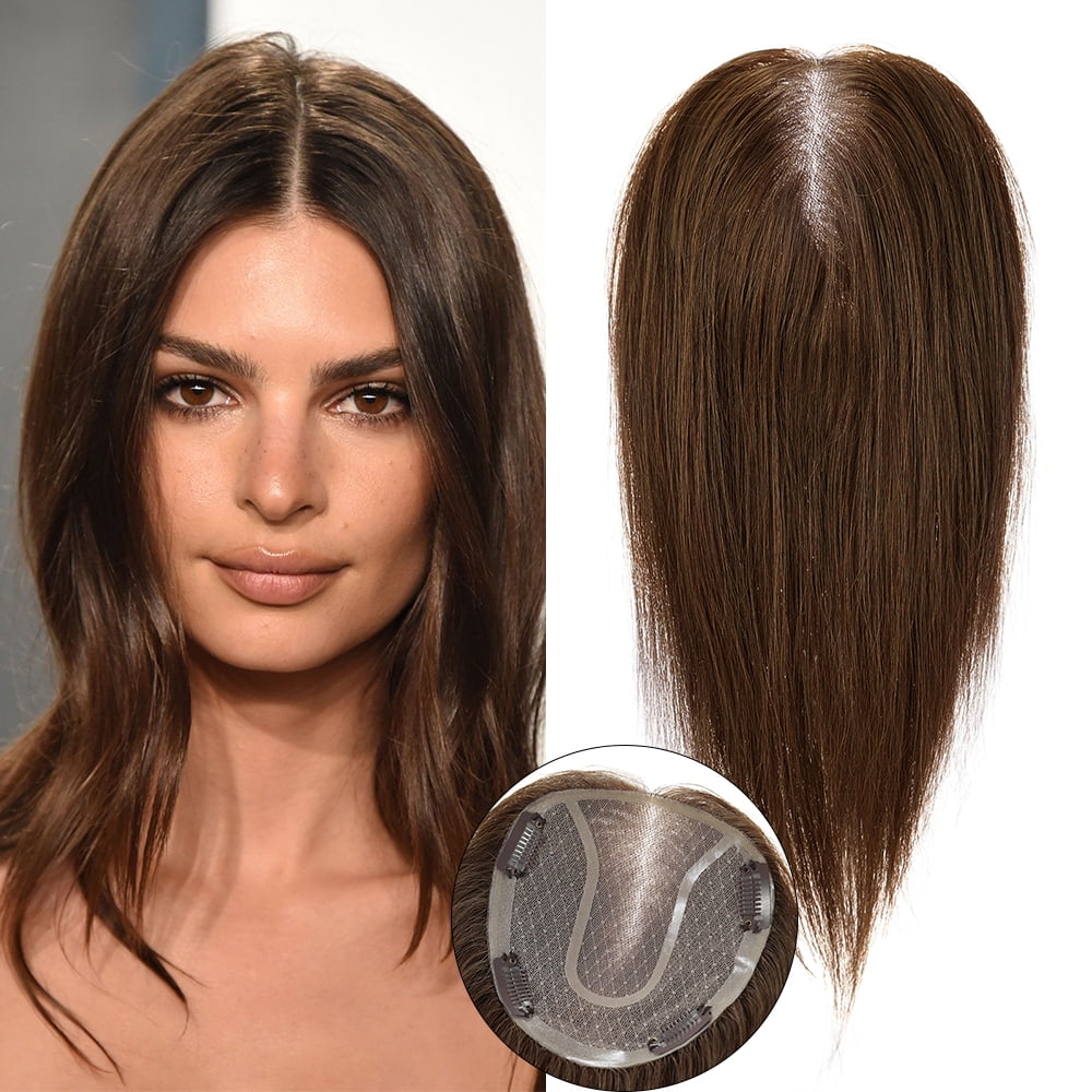 Human Hair Toppers MONO Lace Base Clips in Hair 14 Inches Natural Brown ...