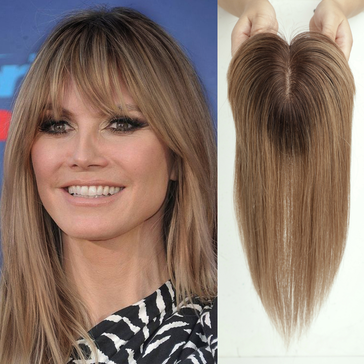 Human Hair Toppers Wigs with Bangs Silk Base Clip Pieces Brown Ombre ...