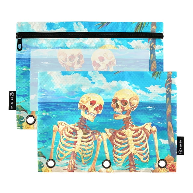 Human Skeleton on Beach 2 Pack Pencil Pouch for 3 Ring Binder Smooth ...