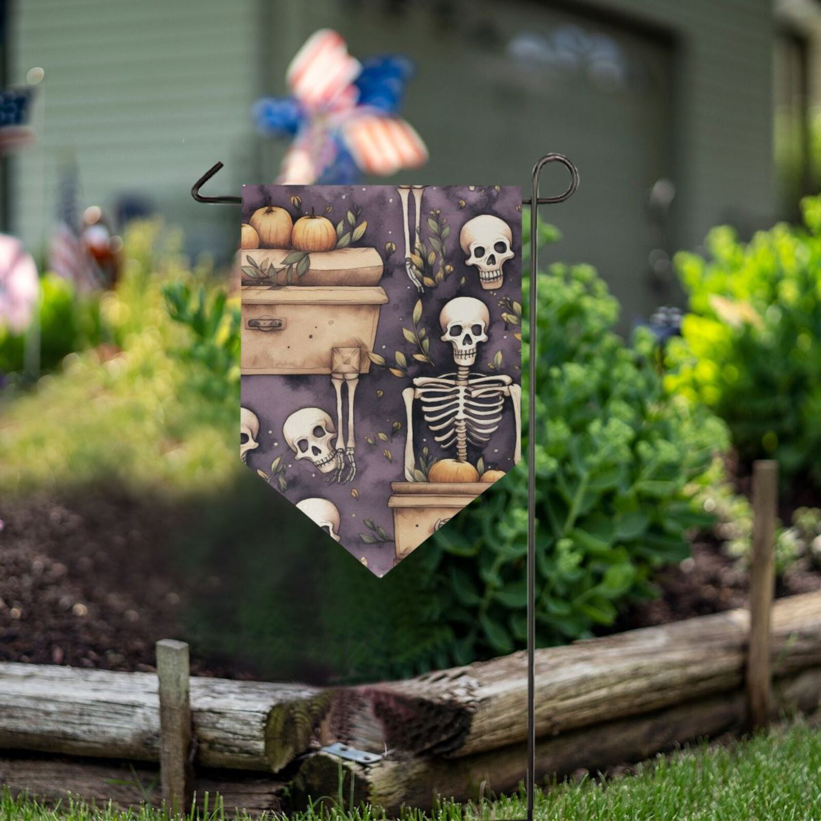 Human Skeleton with Pumpkins Garden Flag 18" x 12.5" Double Sided Yard ...