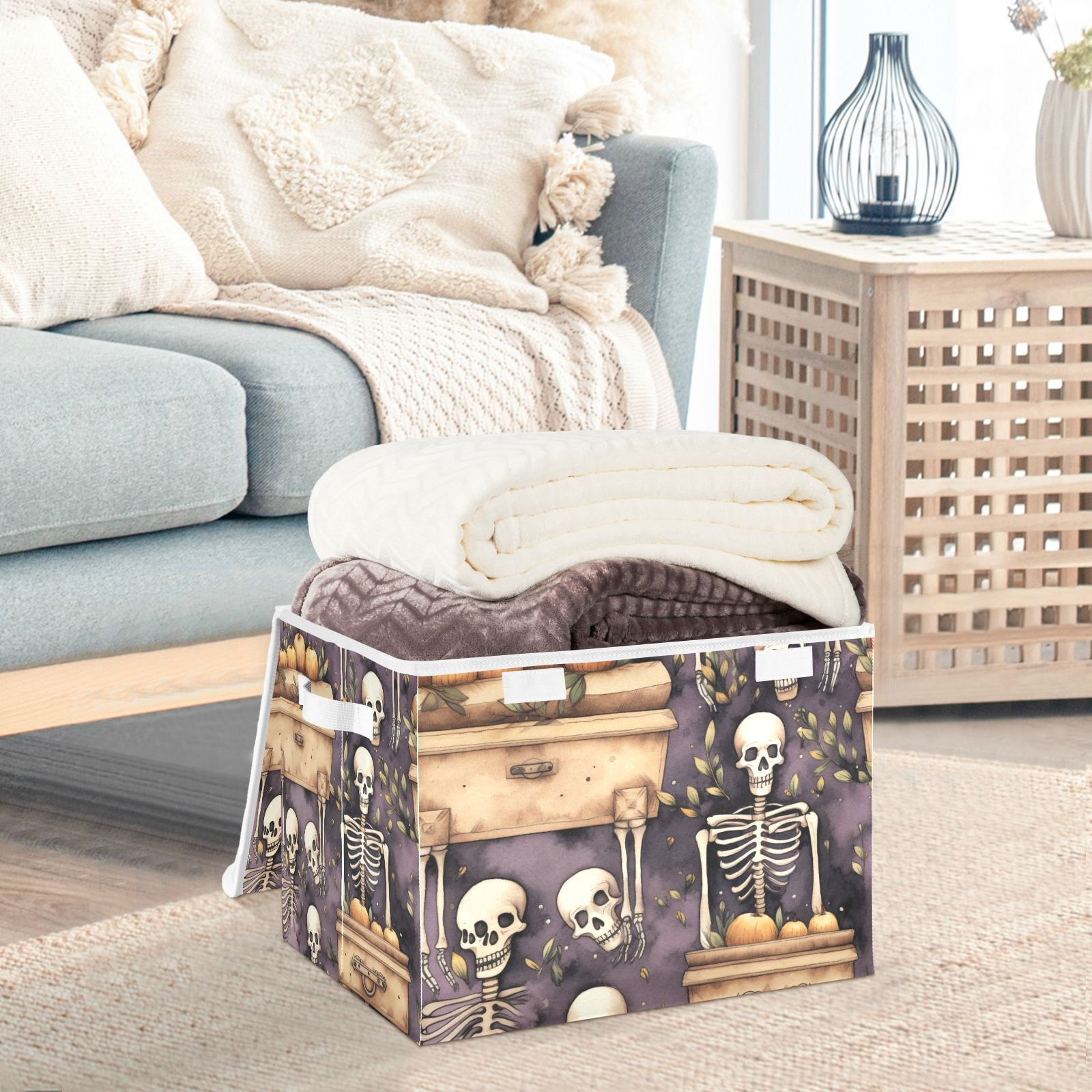 Human Skeleton with Pumpkins Storage Basket Foldable Laundry Basket ...
