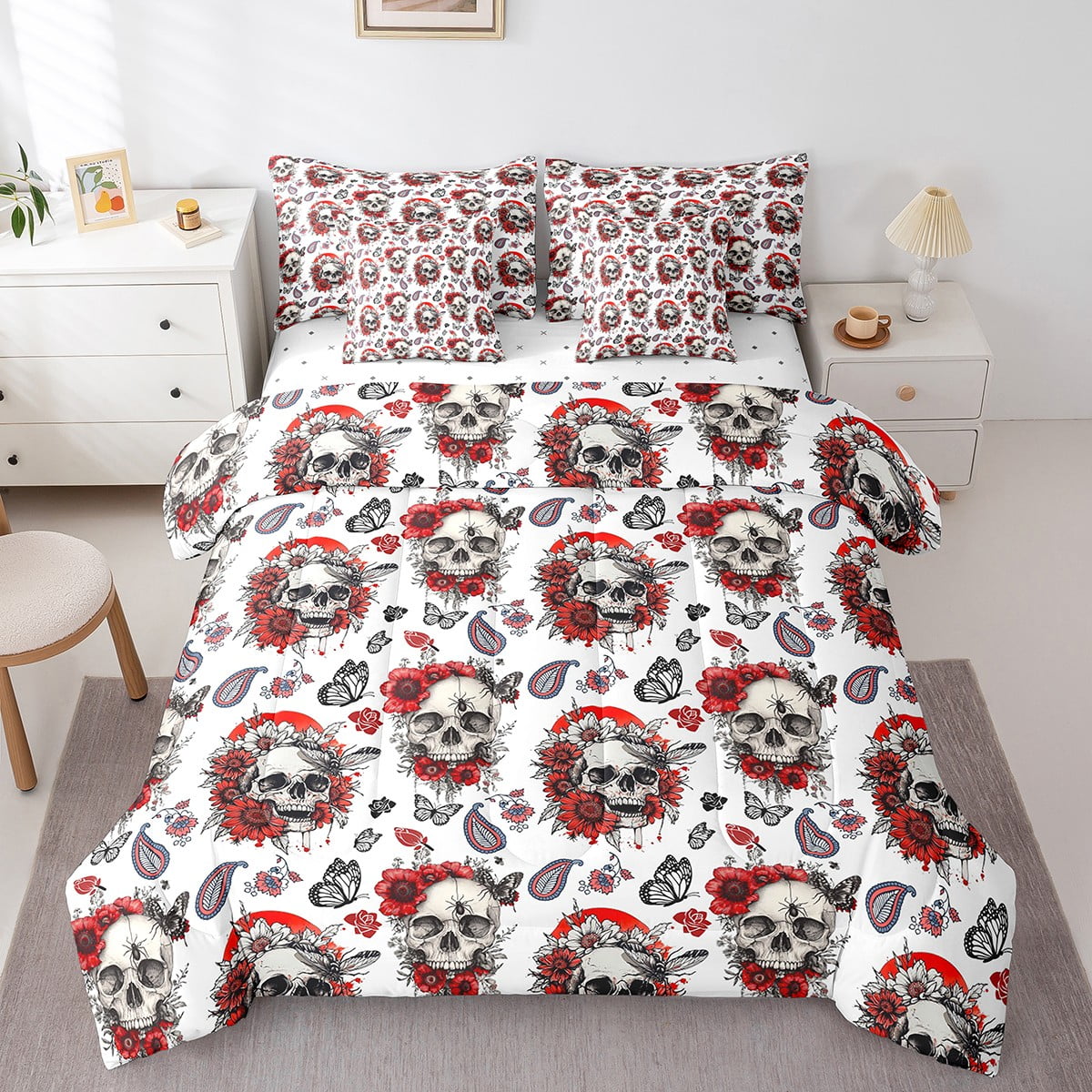 Human Skull Comforter Set with Sheets Twin Watercolor Retro Red ...
