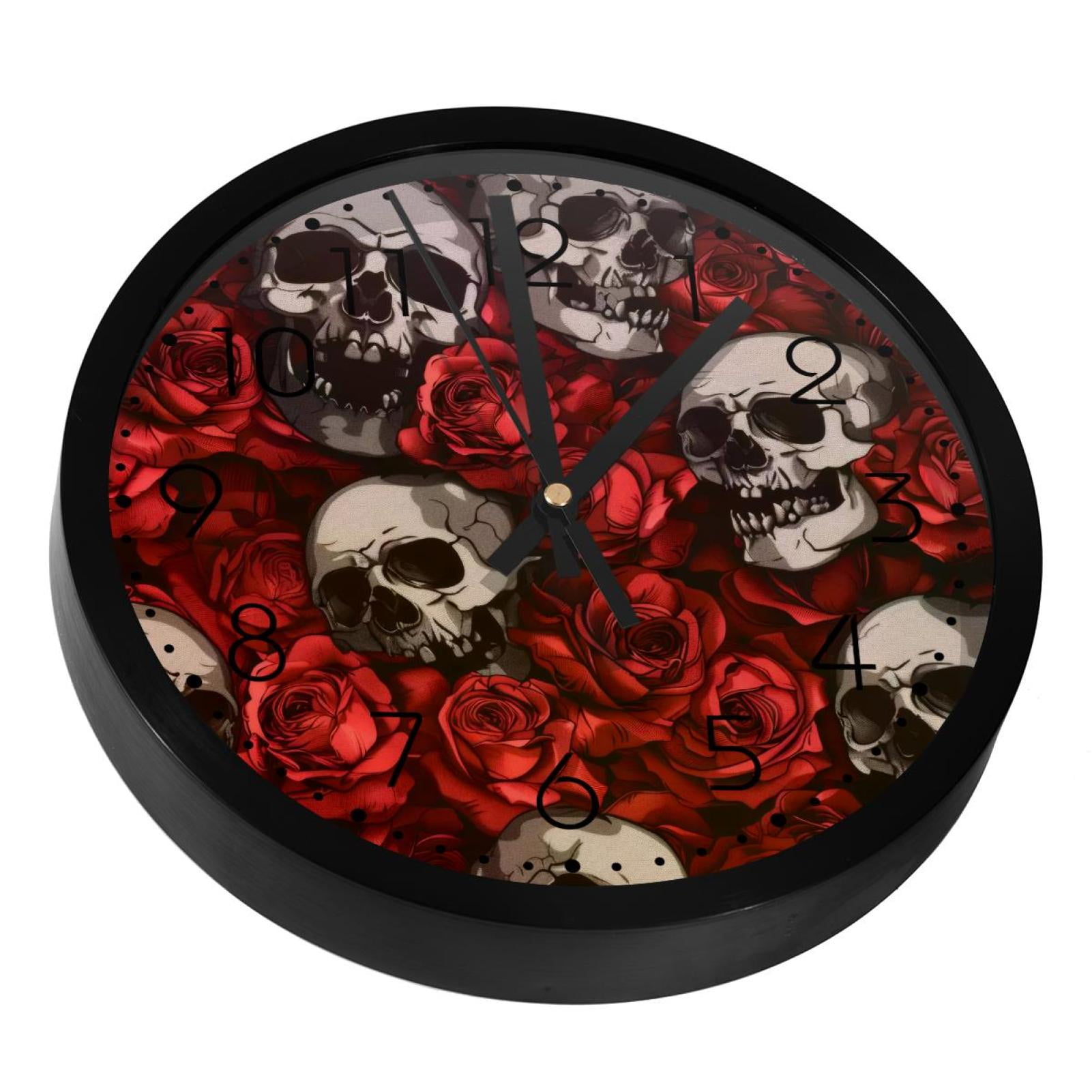 Human Skull Red Roses Silent Wall Clock, Non Ticking Battery Operated 9 ...