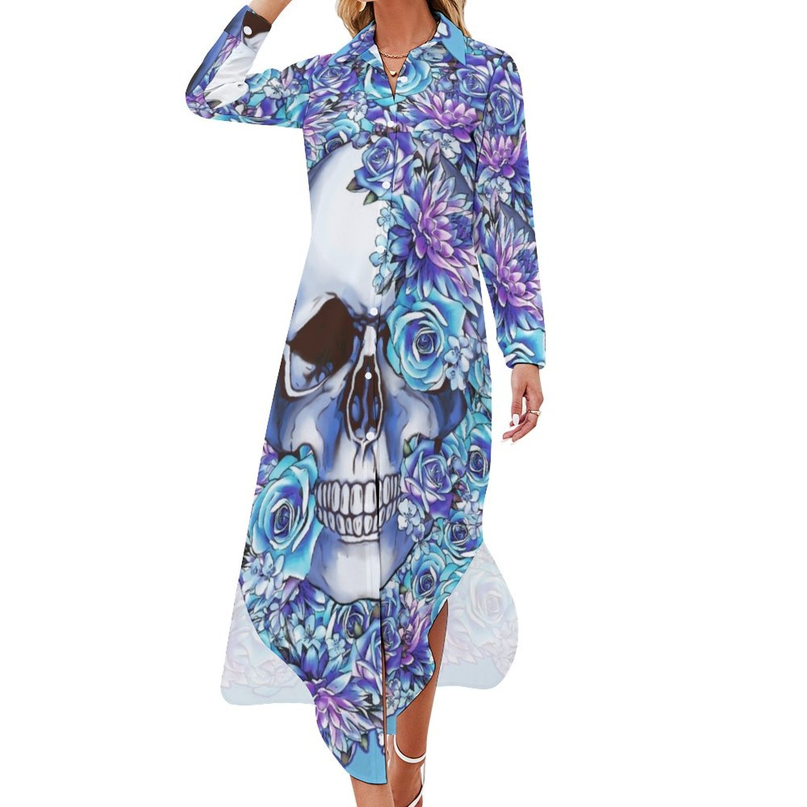 Human anatomy Skull blue watercolor floral Long Sleeved Shirt Dress ...