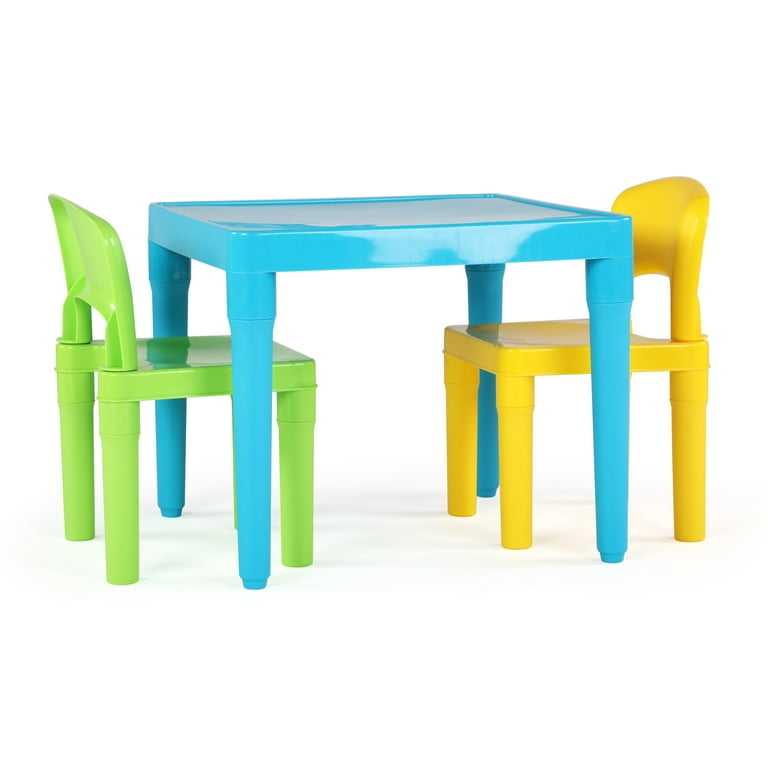 Humble Crew Island Toddler Lightweight Plastic Table and 2 Chairs Set Square Turquoise Table Green Yellow Chairs