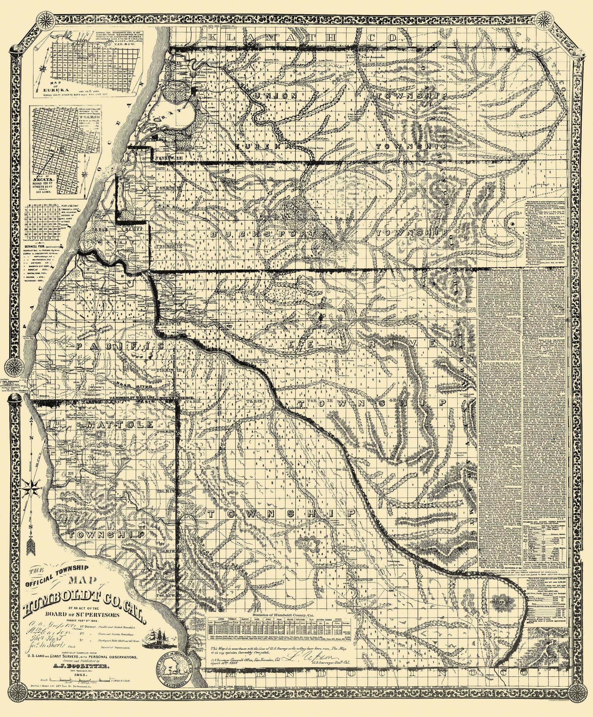 Historic County Map - Humboldt County California - Doolittle 1865 - 23 x 27.81 - Vintage Wall ...