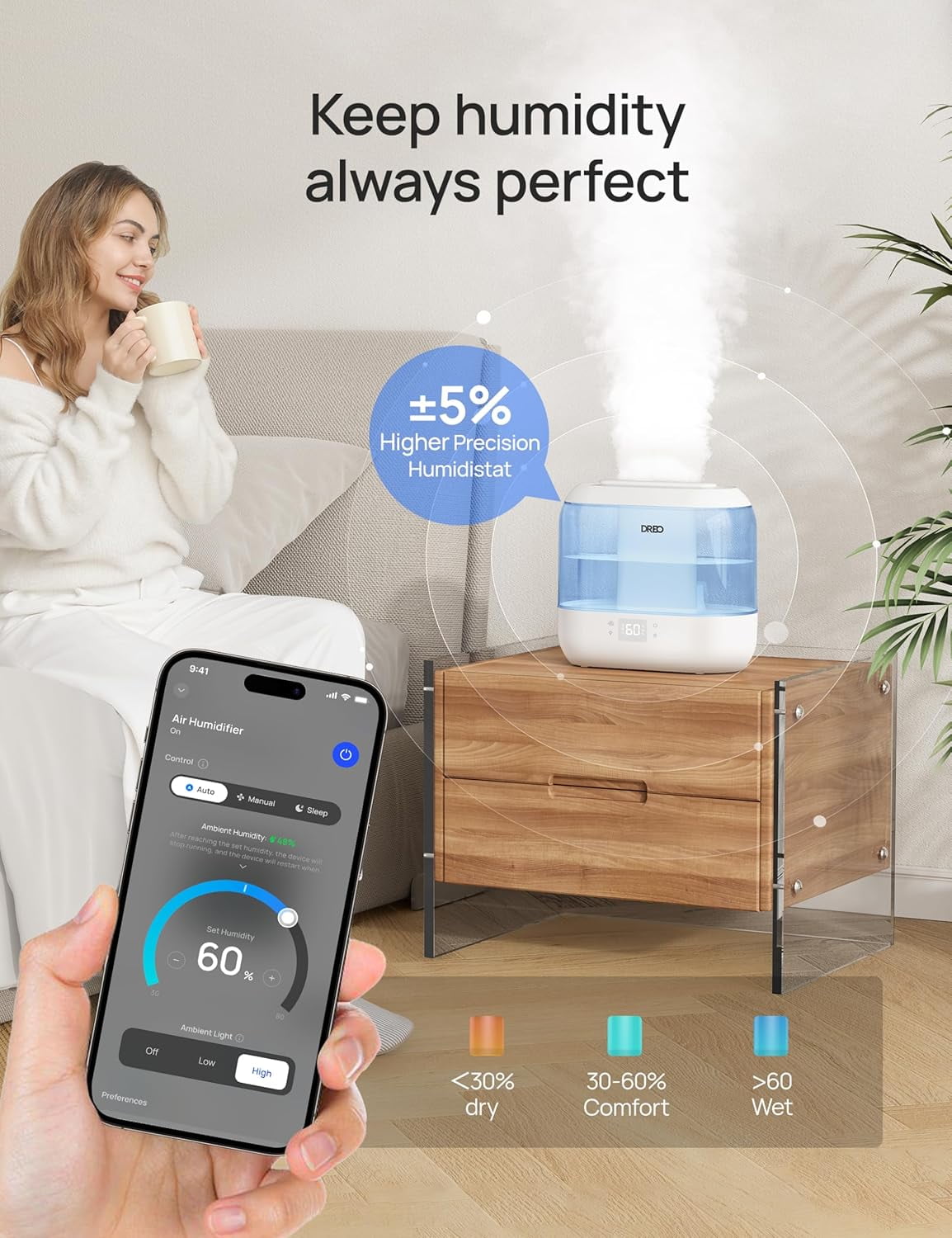 Humidifiers for Bedroom - DREO Quiet (4L Water Tank) Cool Mist Top Fill ...