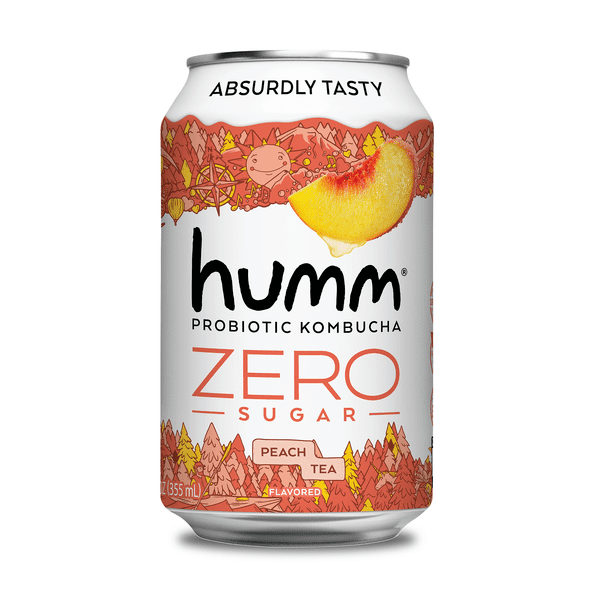 Humm Kombucha Peach Tea, Zero Sugar Probiotic Drink, 6 Pack Cans, 12 fl ...
