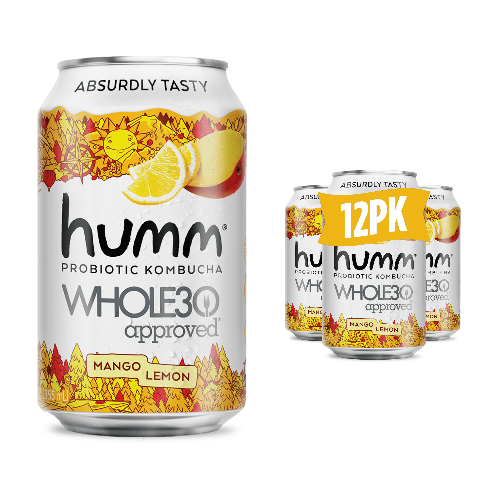 Humm Kombucha, Whole30 Approved, Mango Lemon Flavor, 12 Pack, 12 oz ...