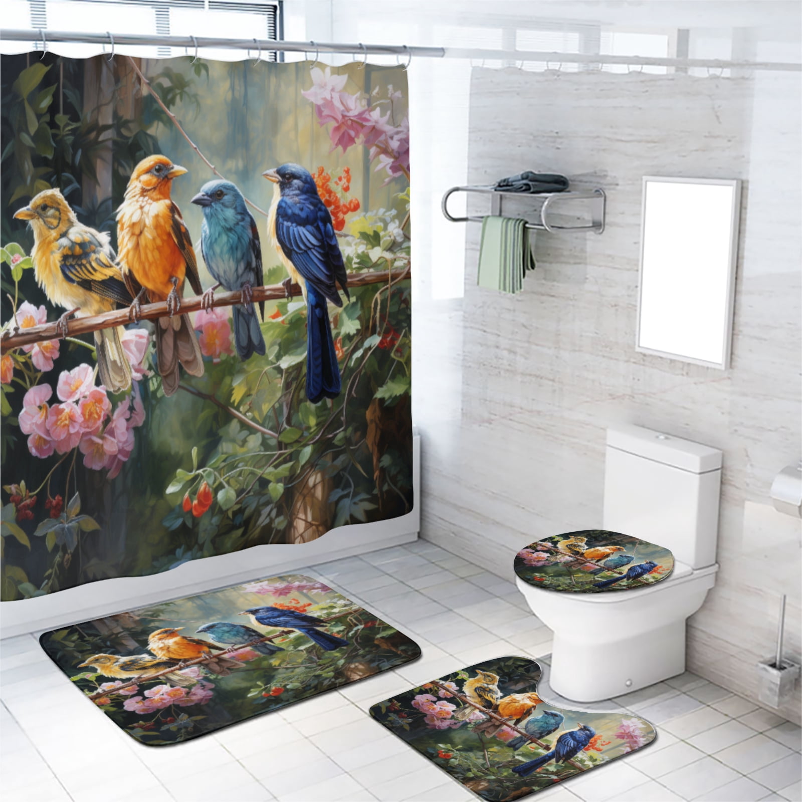 Hummingbird 4 Pieces Shower Curtain Set with Non-Slip Rug Spring Flower ...