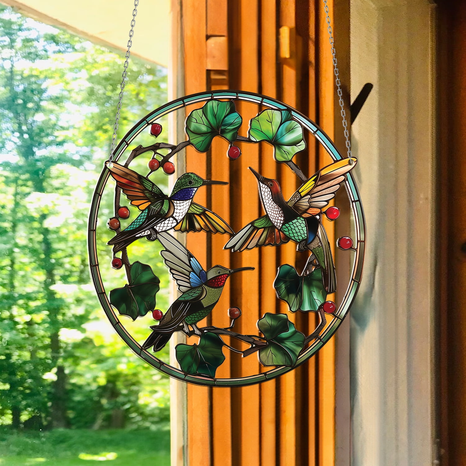 Hummingbird Acrylic 2D Window Hanging with Floral Wreath, Stained Glass ...