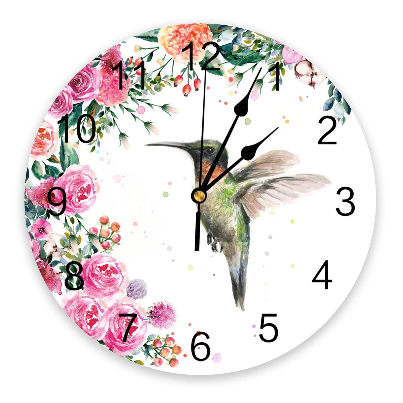 Hummingbird And Flowers Wall Clock Large Modern Kitchen Dinning Round ...