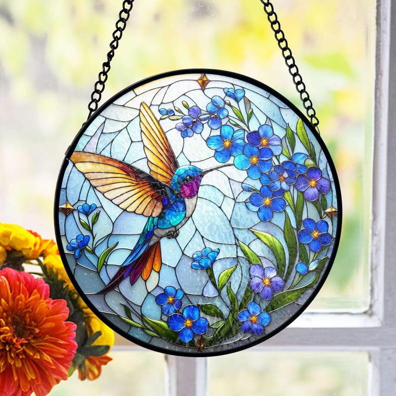 Hummingbird And Forget Me Not Flowers Stained Glass Suncatcher, Window ...