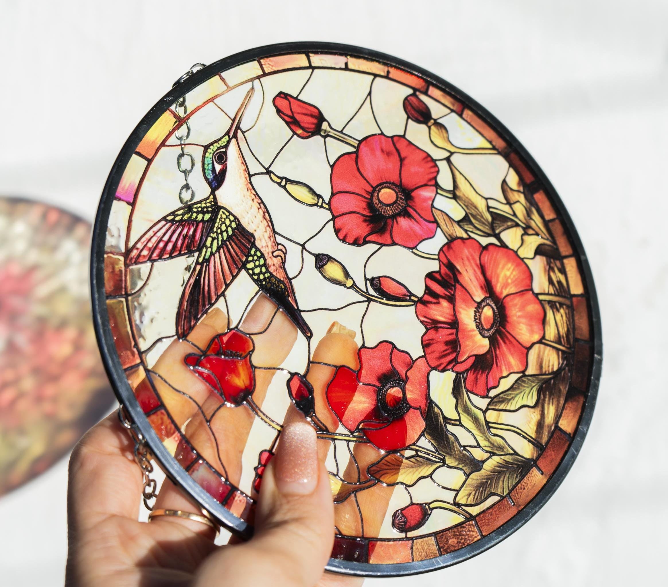 Hummingbird And Red Poppy Floral Stained Glass Suncatcher Remembrance ...
