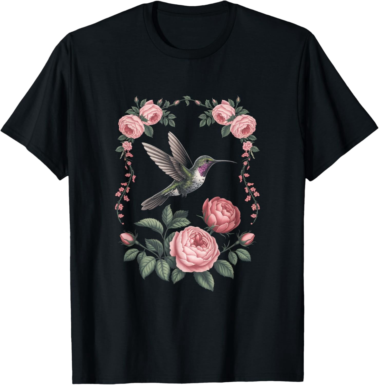 Hummingbird Antique Rose Floral T-Shirt - Walmart.com