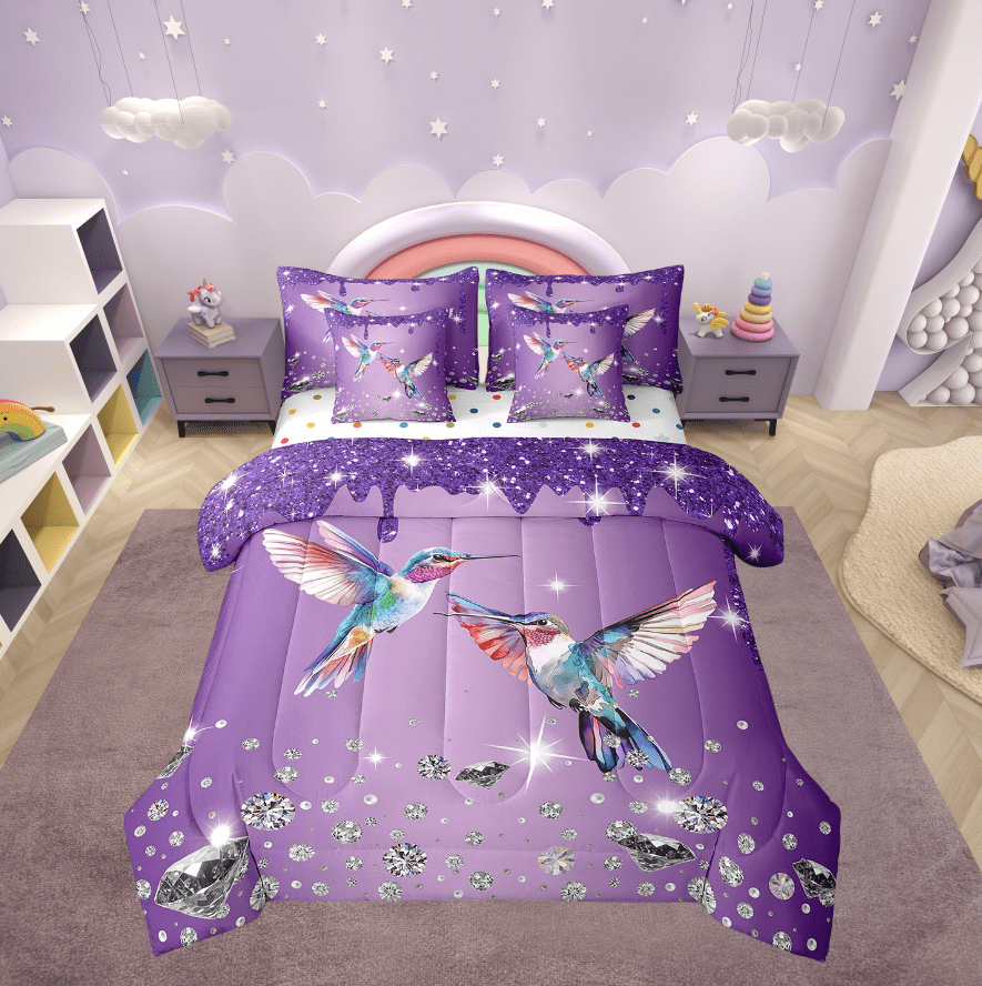 Hummingbird Bed in a Bag King Size Comforter Set 7 Pieces,Purple Sequin ...