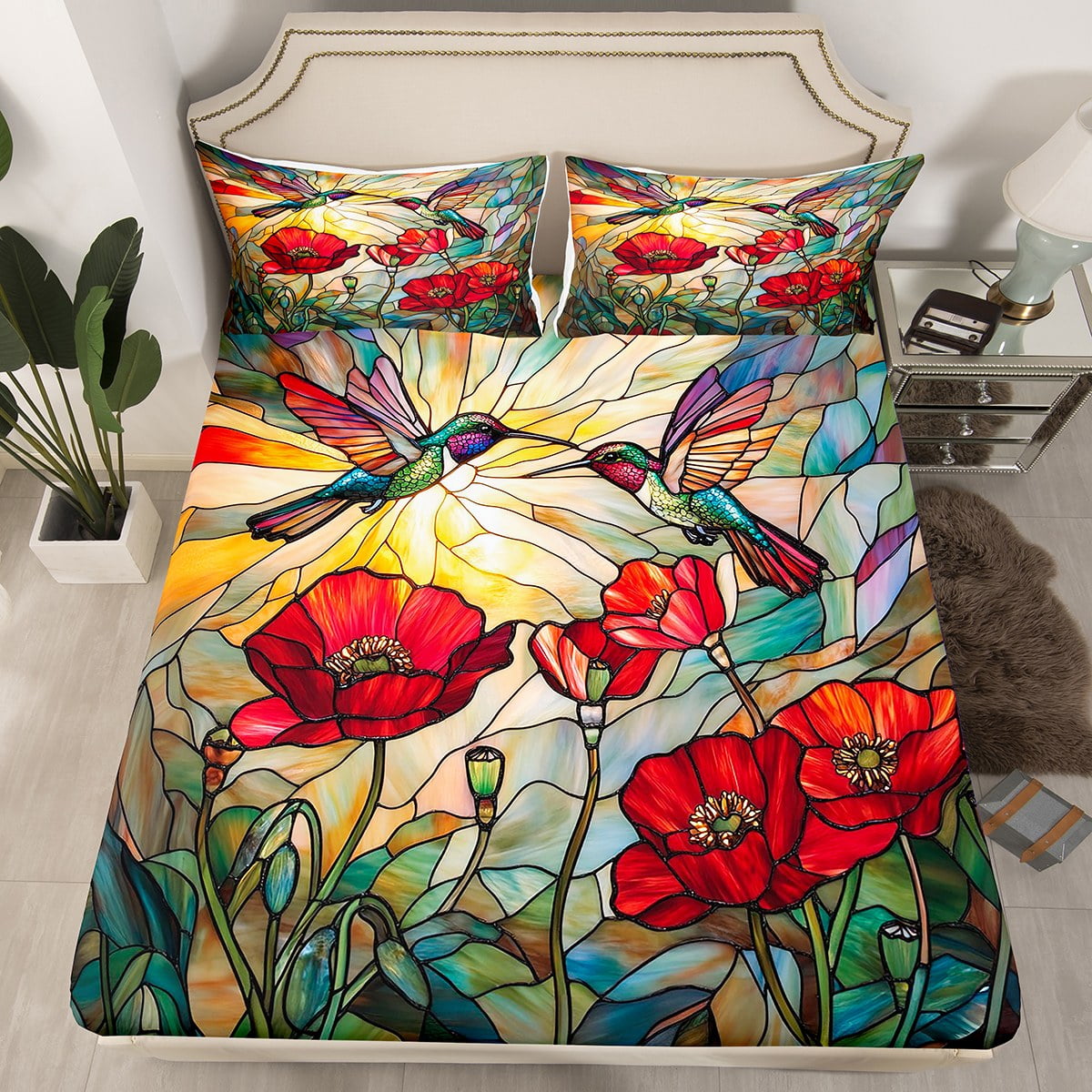 Hummingbird Bed Cover(1 Fitted Sheet+1 Pillow Case),Rustic Garden Poppy ...
