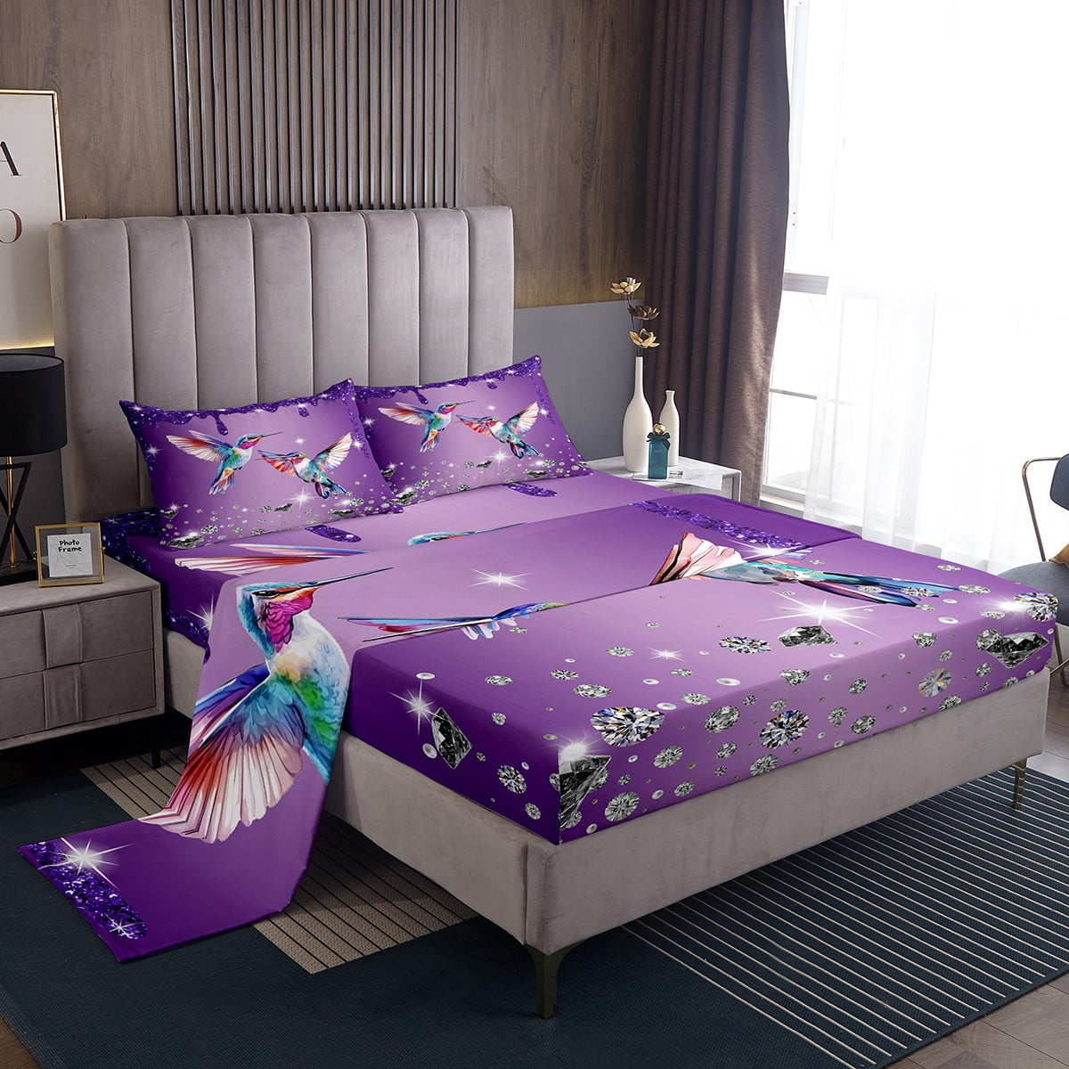 Hummingbird Bed Sheets Set Purple Sequin Fluid Art Sheet Set,Crystal ...