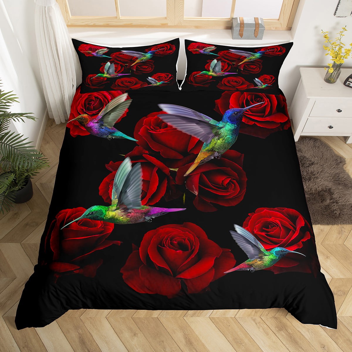 Hummingbird Bedding Set Red Rose Bush Comforter Cover for Boys Girls ...