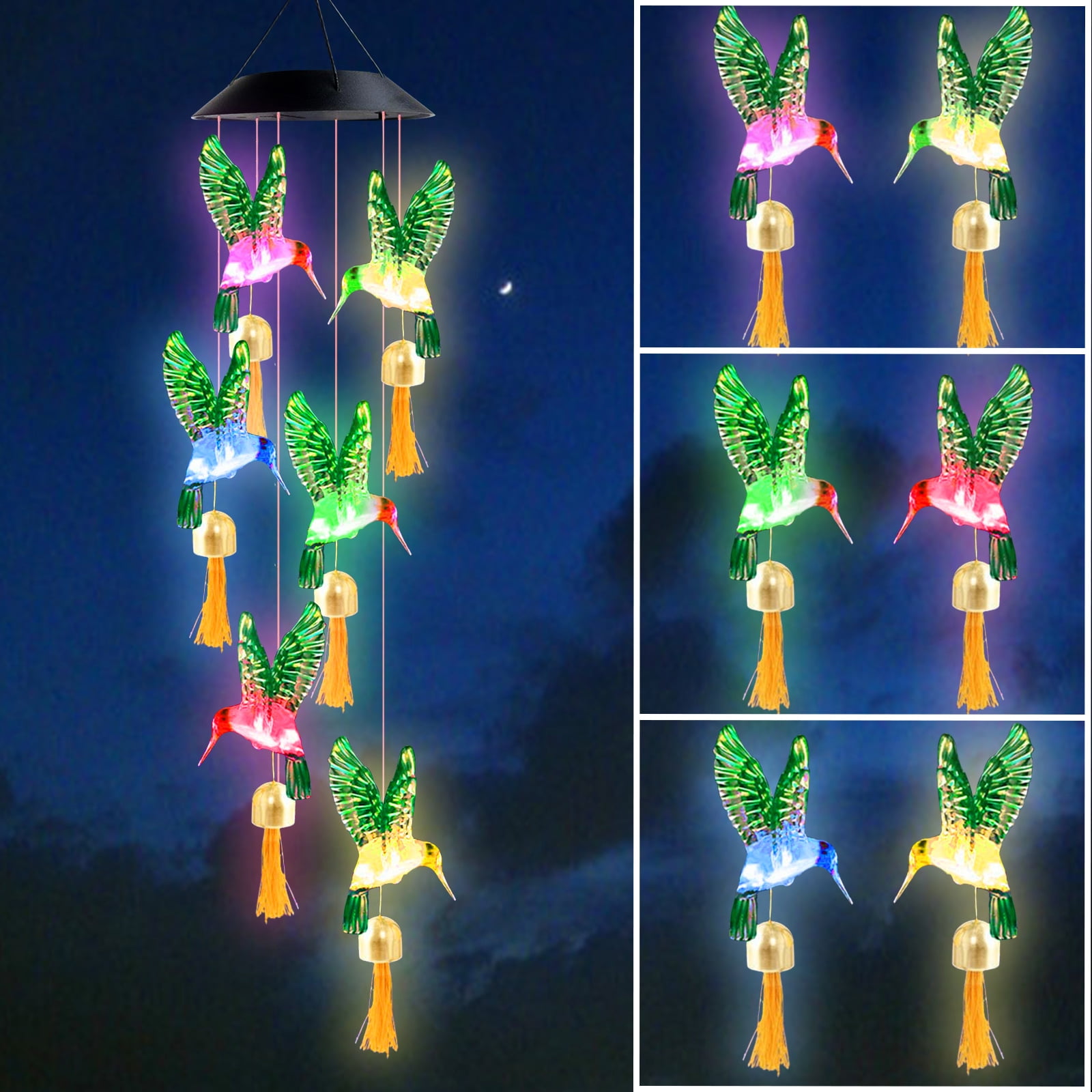 Hummingbird Bell Solar Wind Chimes, Color Changing Solar Lights ...