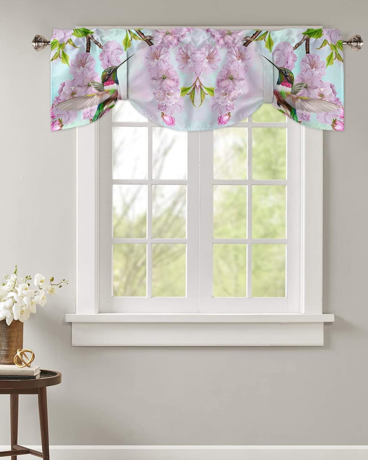 Hummingbird Bird Tie Up Curtain Valance, Pink Cherry Blossoms Painting ...