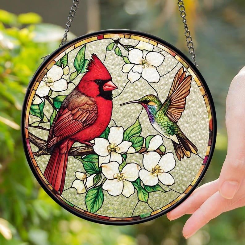 Hummingbird Cardinal Flower Stained Glass Suncatcher, Cardinal Memorial ...