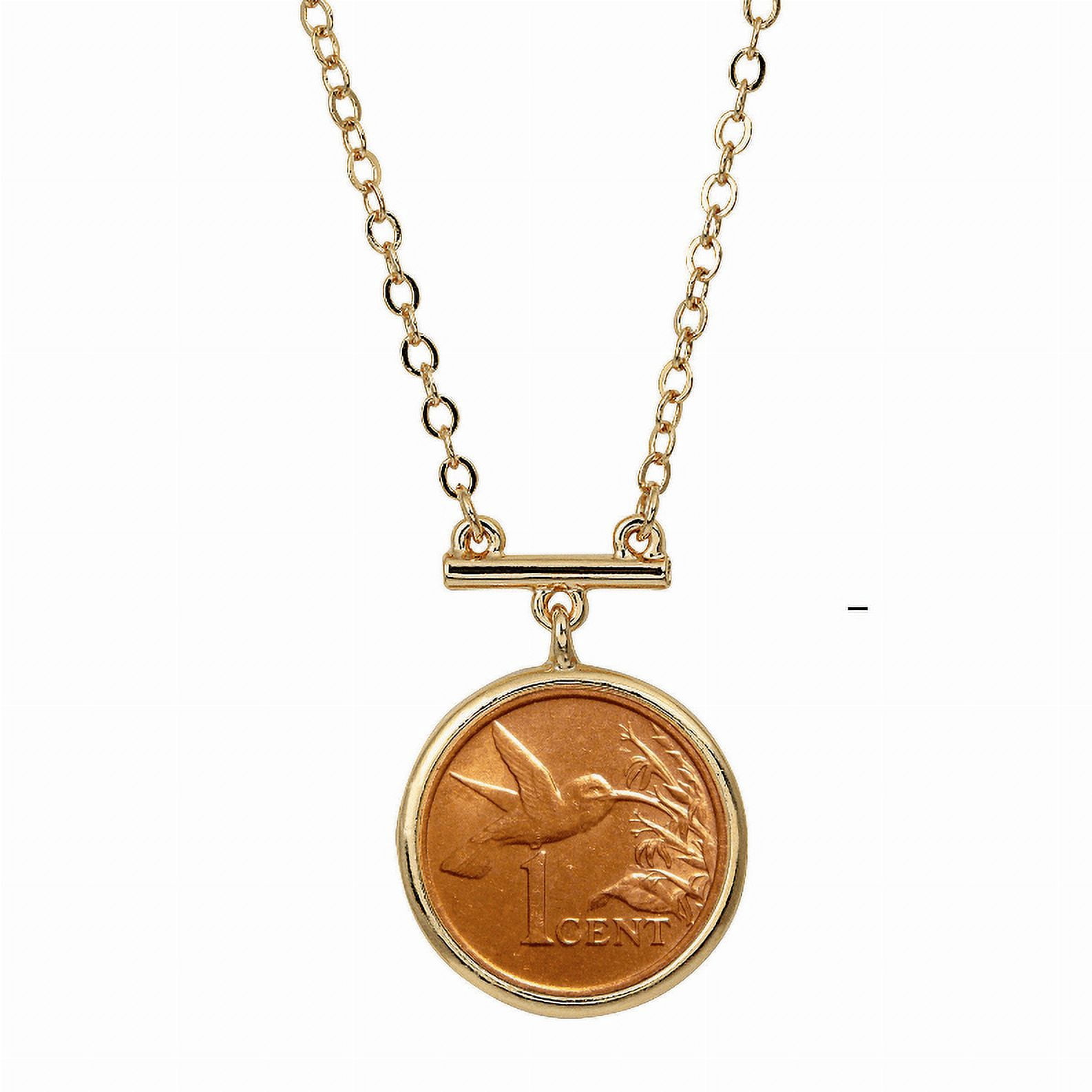 Hummingbird Coin Pendant Bar Necklace | Goldtone Flat Cable | 18 Inch 3 ...