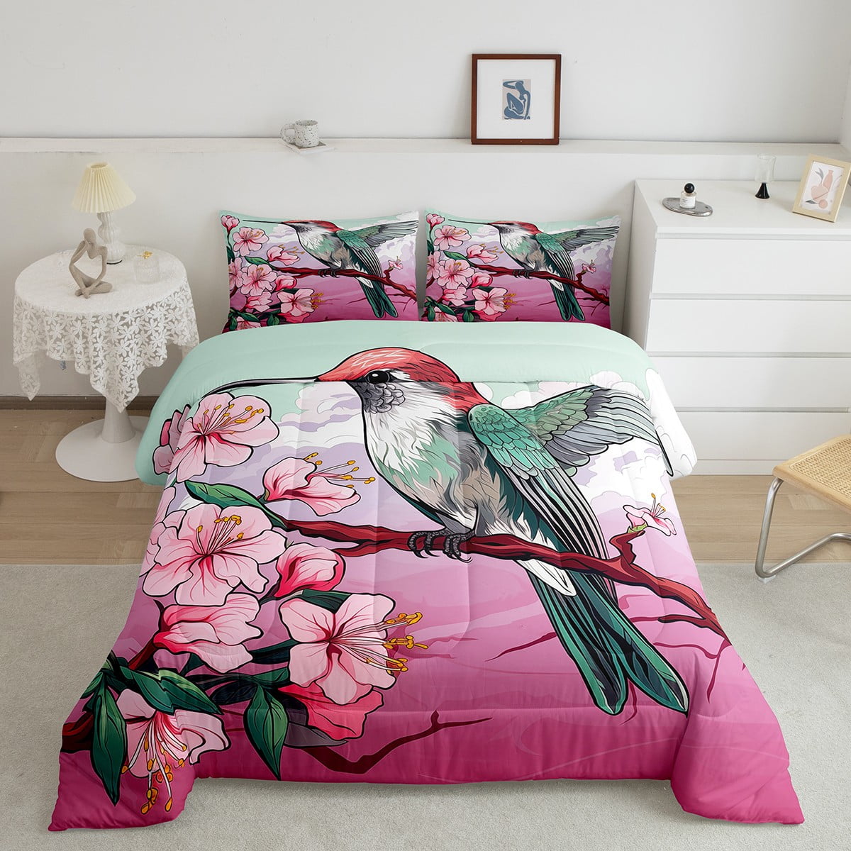 Hummingbird Comforter Set Queen Size, Pink Peach Blossom Bedding Set ...