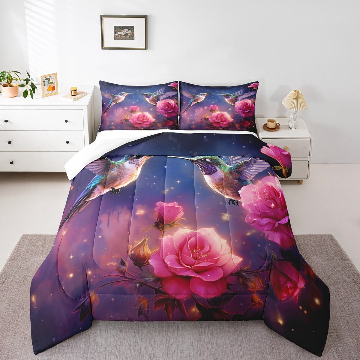 Hummingbird Comforter Set Pink Rose Bedding Sets Full,Romantic Flowers ...