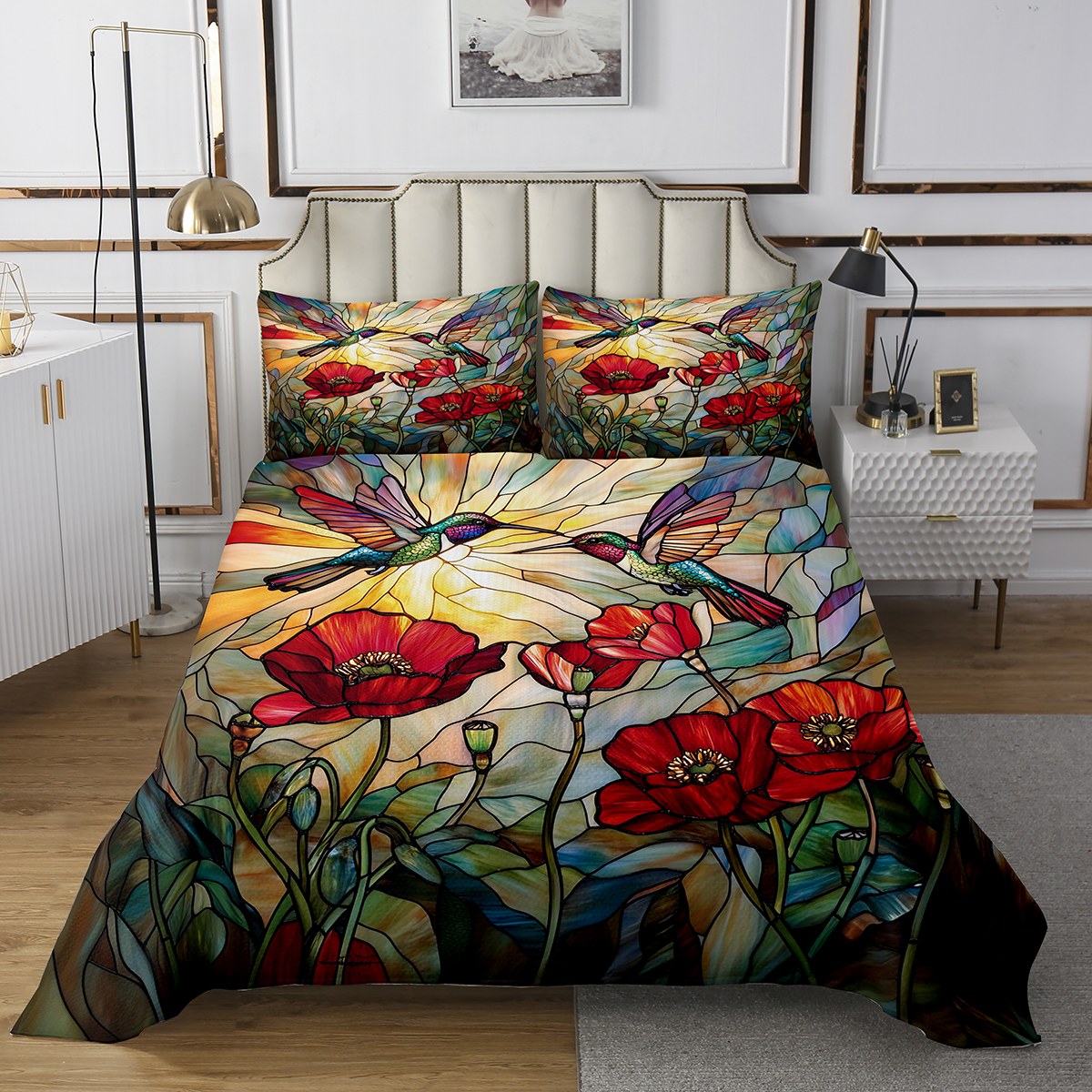 Hummingbird Coverlet Set Chic Rustic Garden Poppy Red Flowers Botanical Quilted Coverlet ...