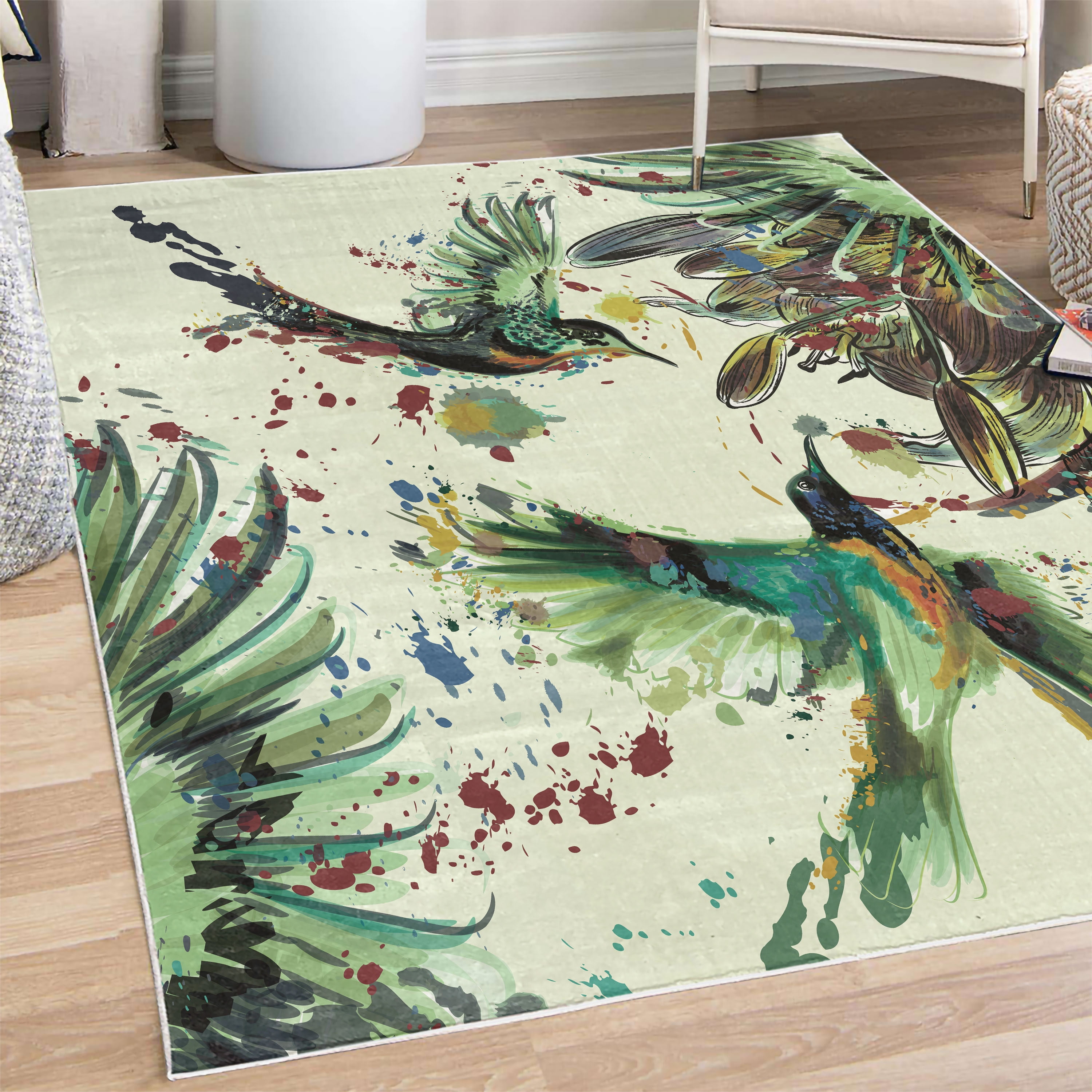 Hummingbird Decorative Rug, Art Lily Flowers Birds and Color Splashes ...