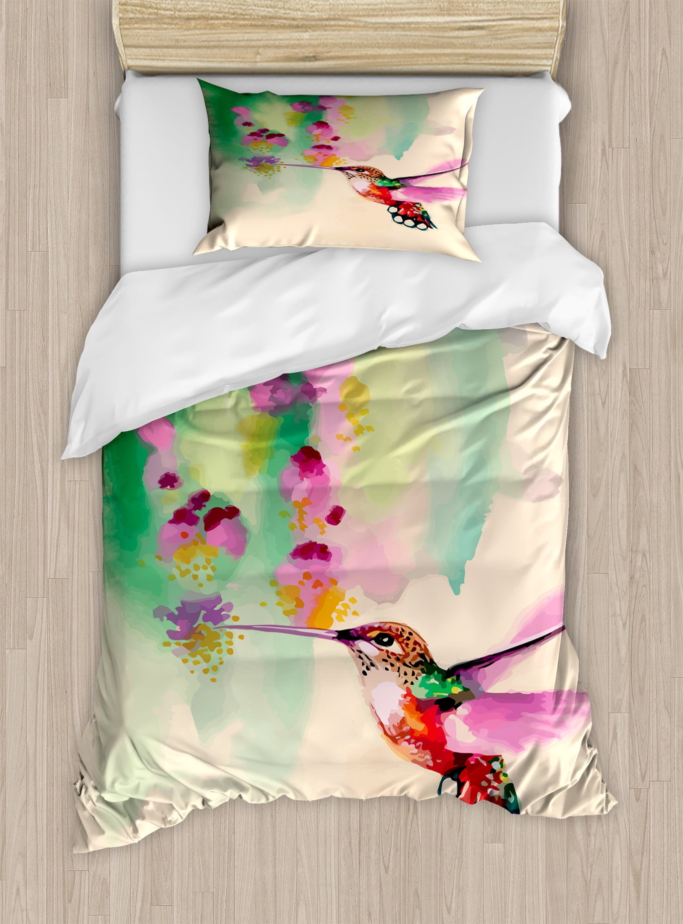 Hummingbird Duvet Cover Set, Art with Colibri Bird and Flowers Romantic ...