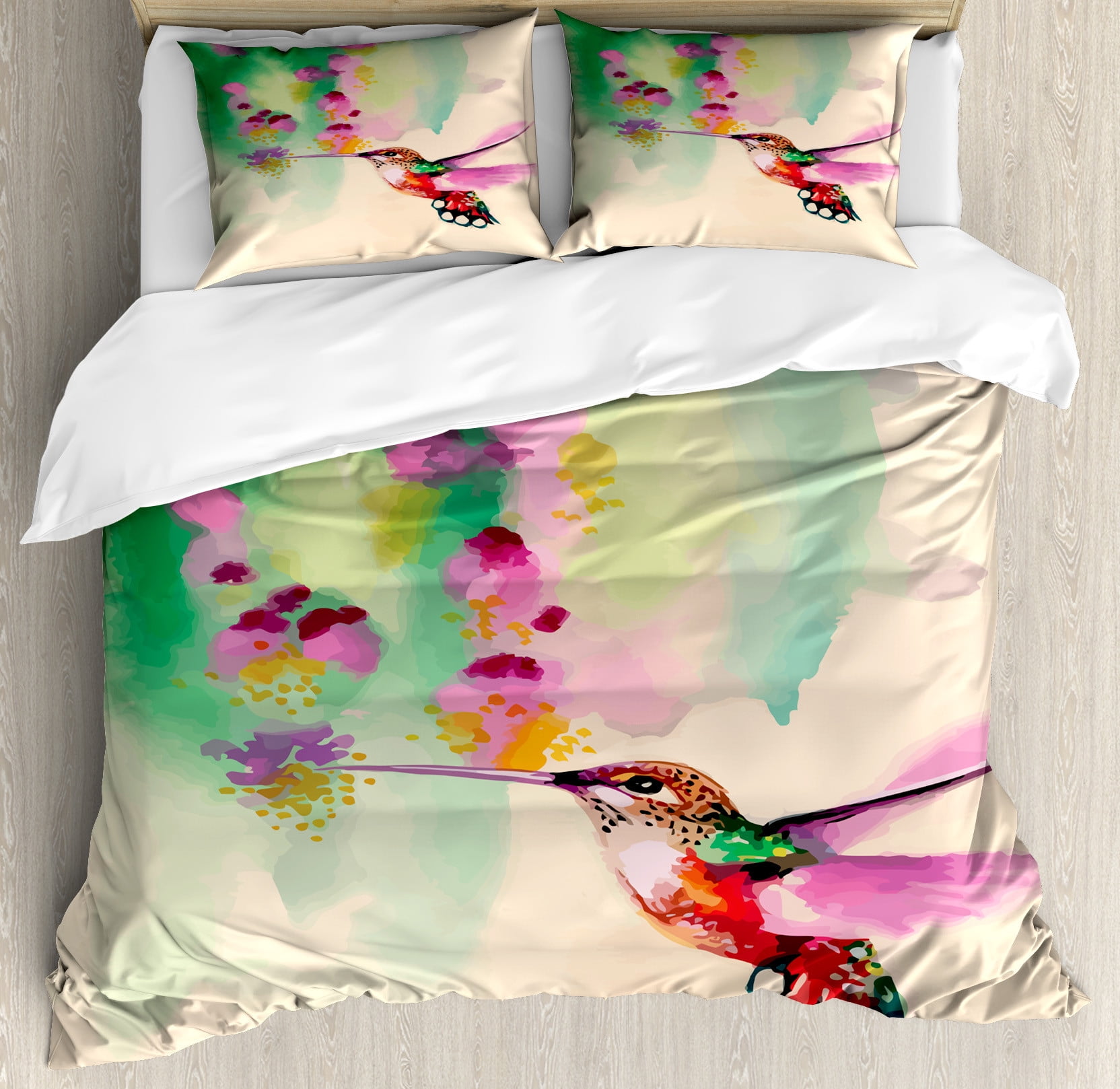 Hummingbird Duvet Cover Set, Art with Colibri Bird and Flowers Romantic ...