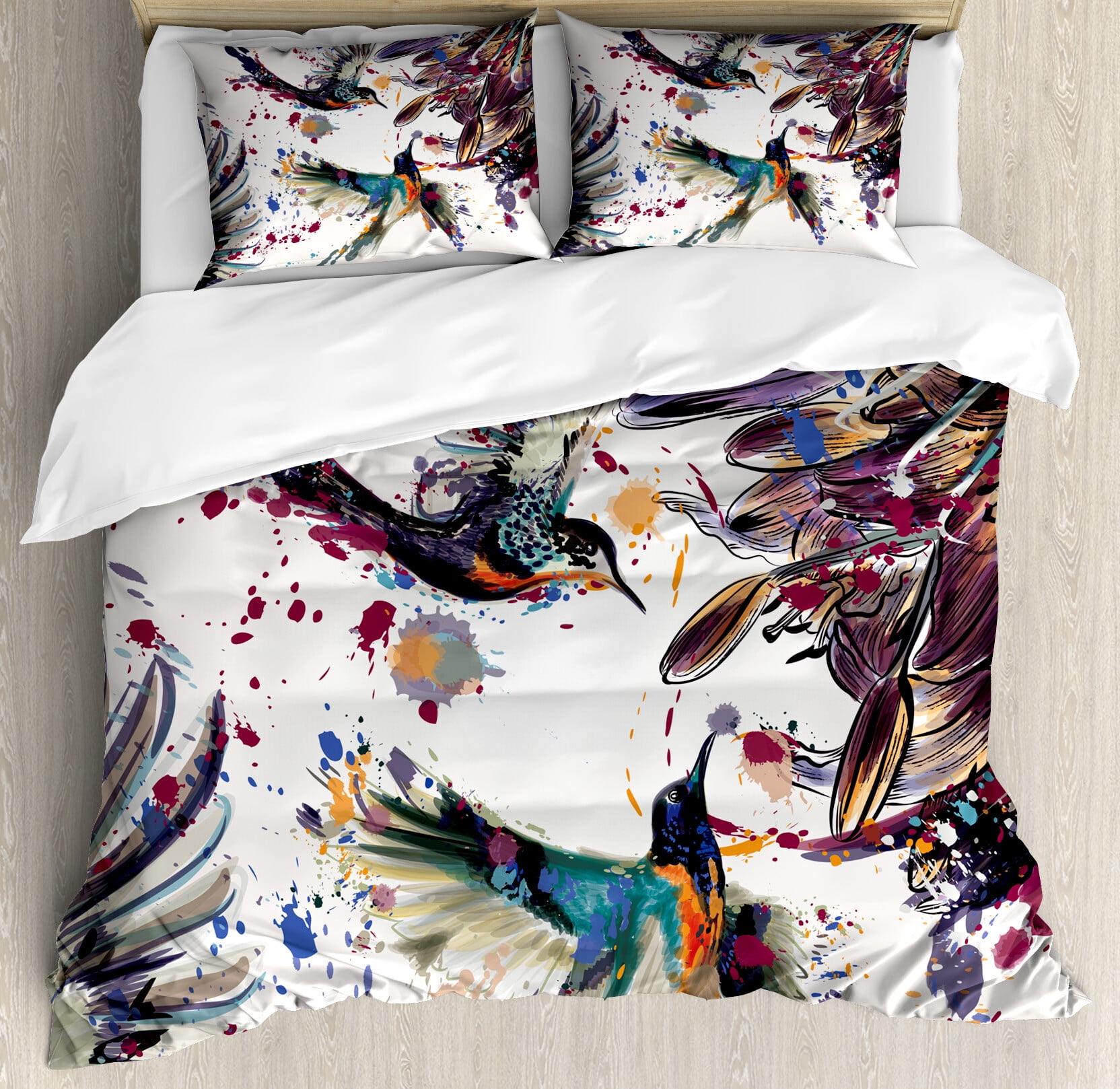 Hummingbird Duvet Cover Set, Art Lily Flowers Birds and Color Splashes ...