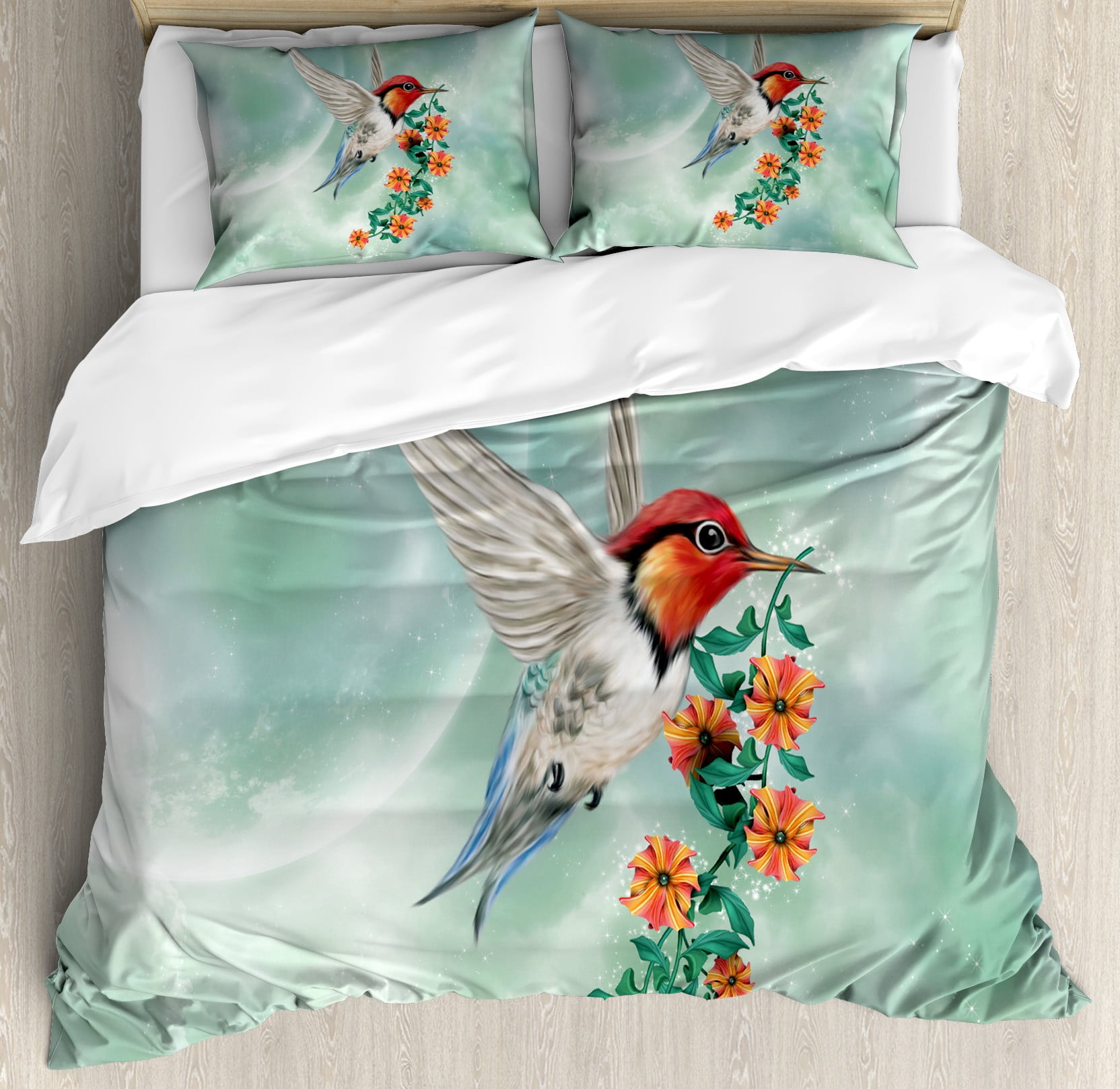 Hummingbird Duvet Cover Set, Bird Is Flying Flowered Branch Floral ...