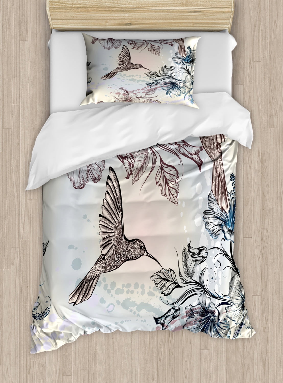 Hummingbird Duvet Cover Set, Birds and Hibiscus Flowers Nostalgia ...