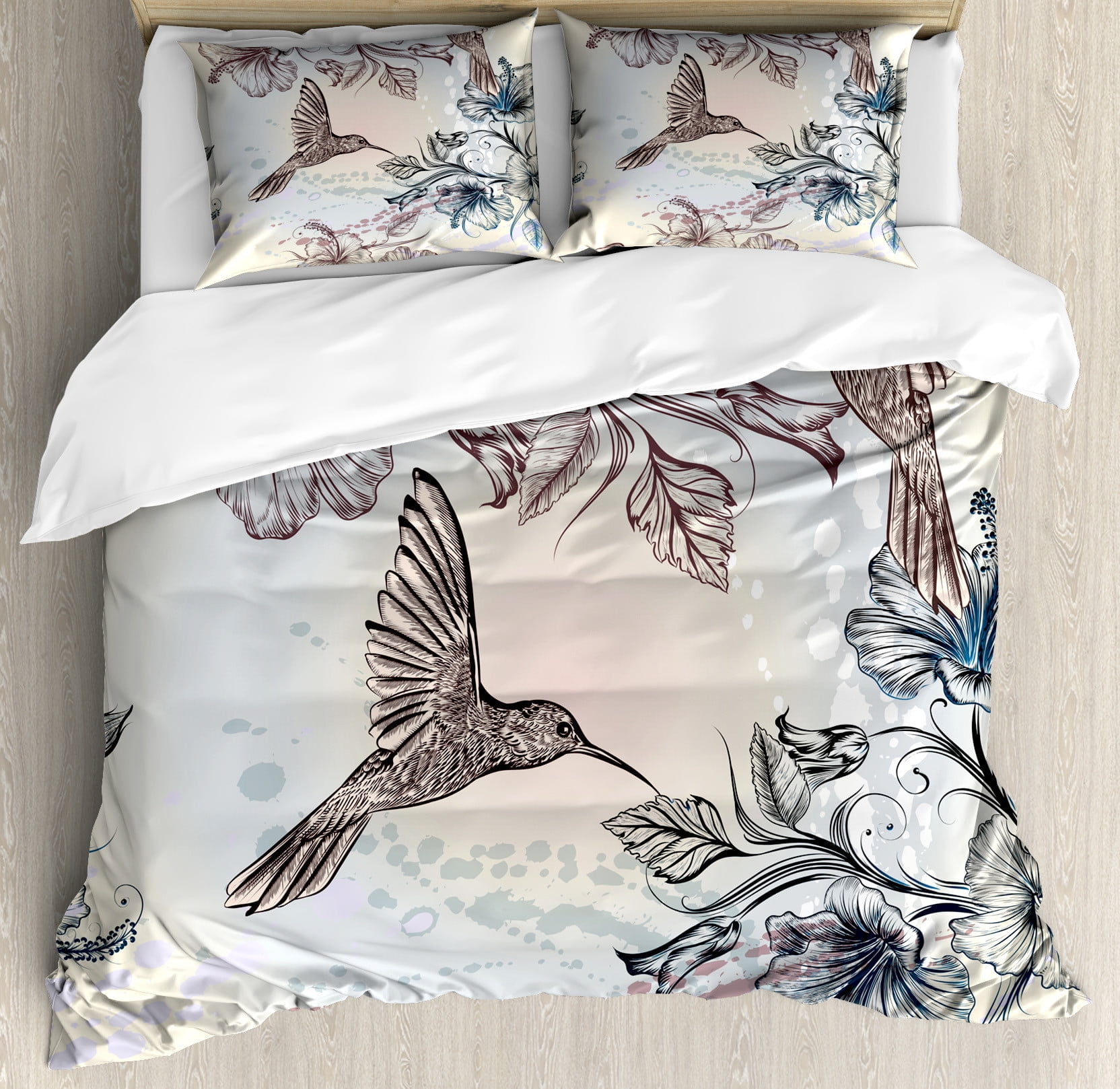 Hummingbird Duvet Cover Set, Birds and Hibiscus Flowers Nostalgia ...