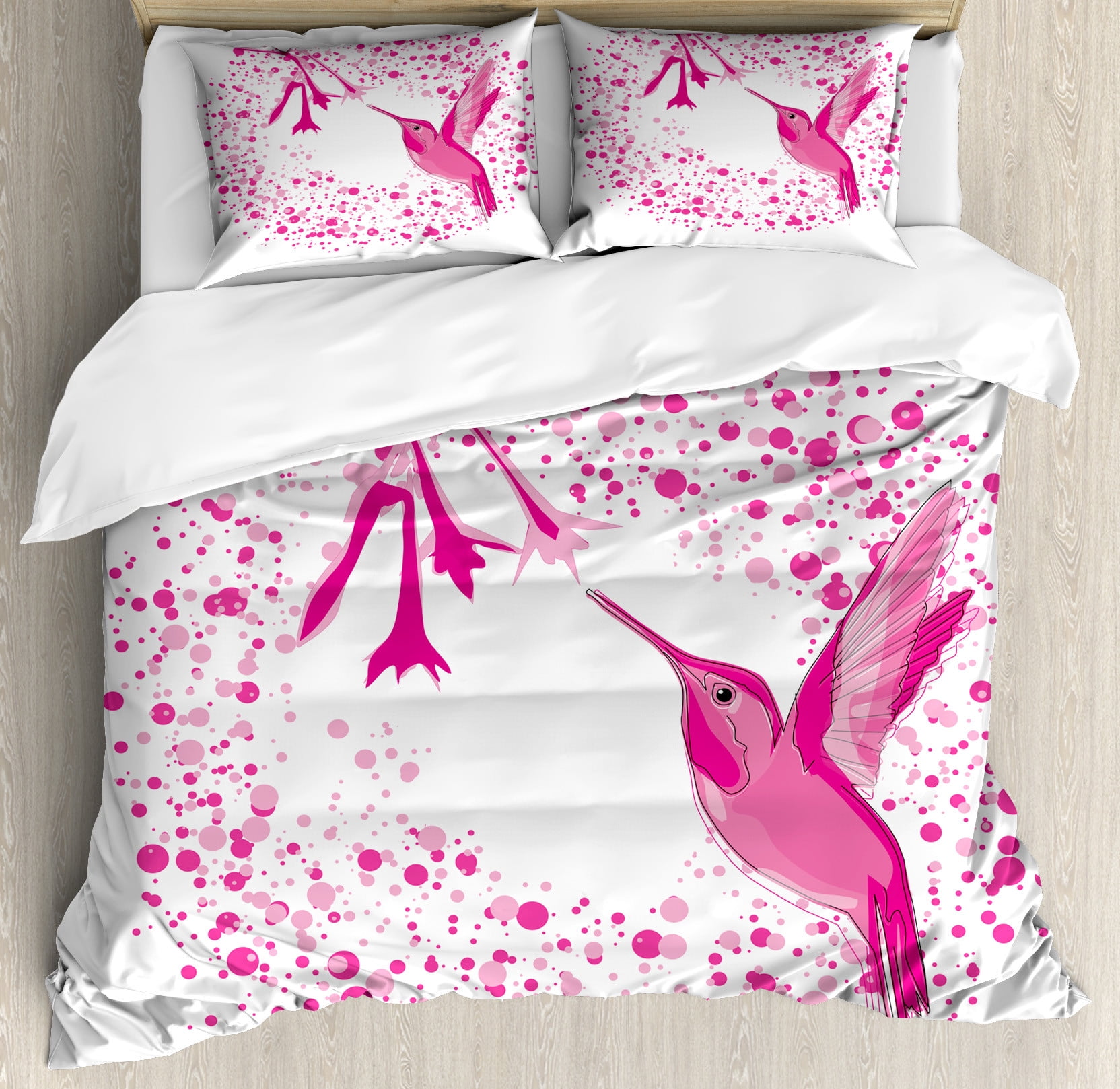 Hummingbird Duvet Cover Set, Hummingbird Flies to the Flower Polkadots ...